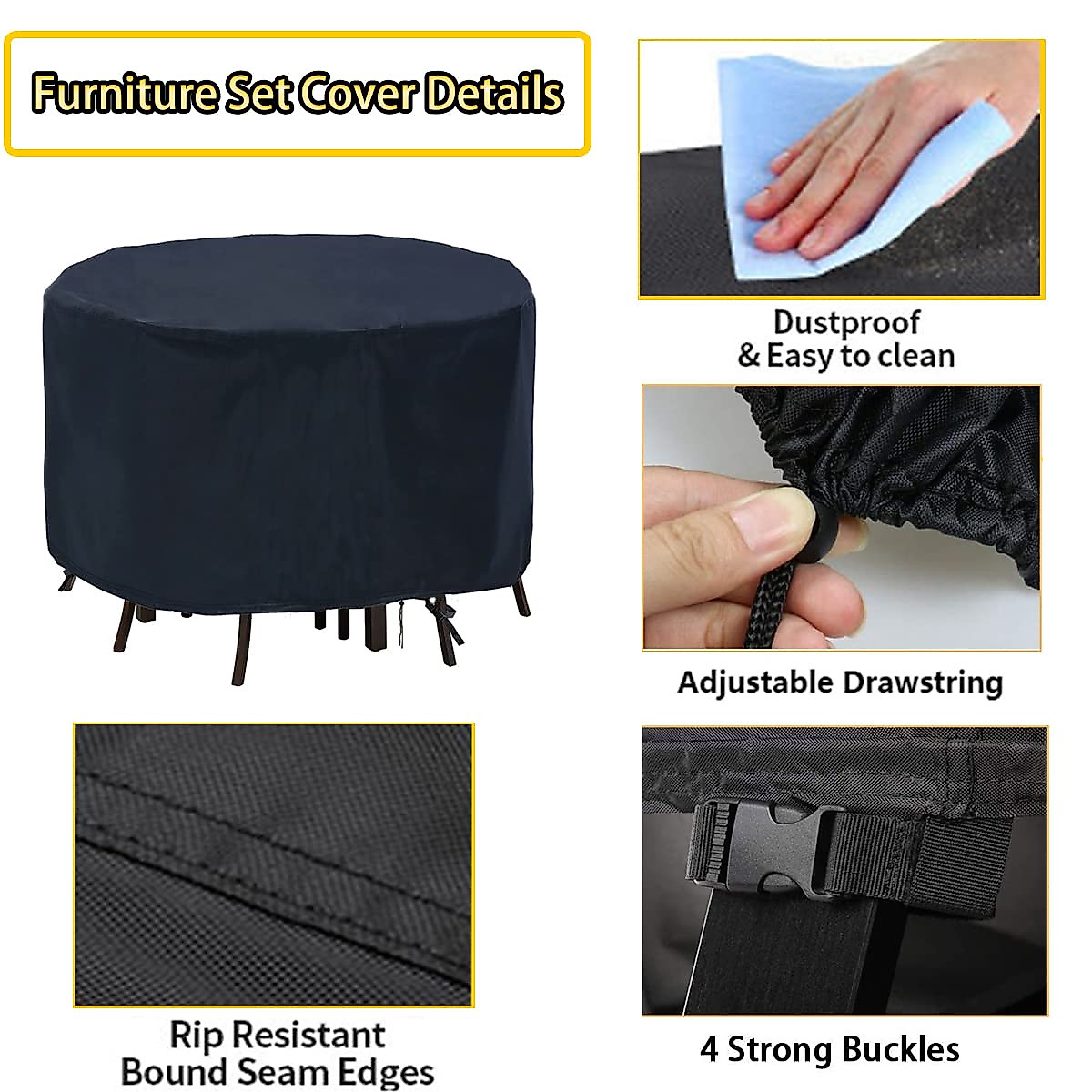 POMER Patio Furniture Covers, 72inch Round Bar Height Table Chair Set Cover Waterproof Outdoor Table Cover for Garden Furniture Set - 72" D x 43" H