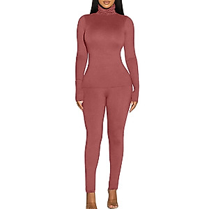 VASAUGE Women's Thermal Underwear Turtleneck Long Johns Base Layer Cold Weather Sets, X-Large, Dark Pink