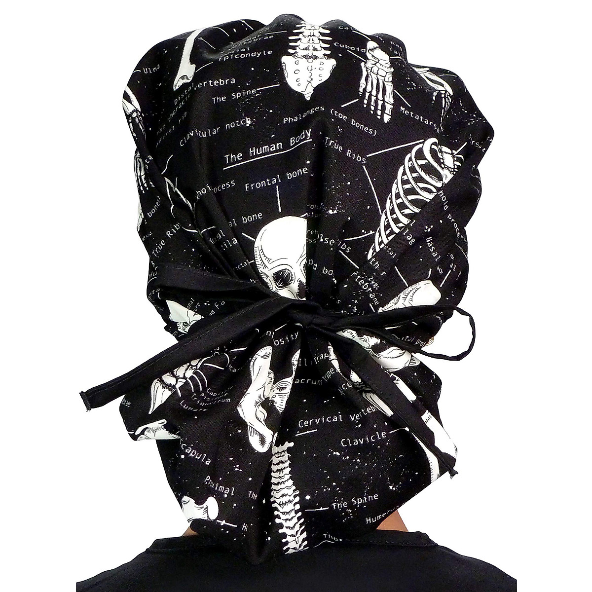 Sparkling EARTH Human Body Skeleton (Glow in The Dark) Banded Bouffant Ponytail Classic Surgical Style Scrub Working Cap - Made in The USA!