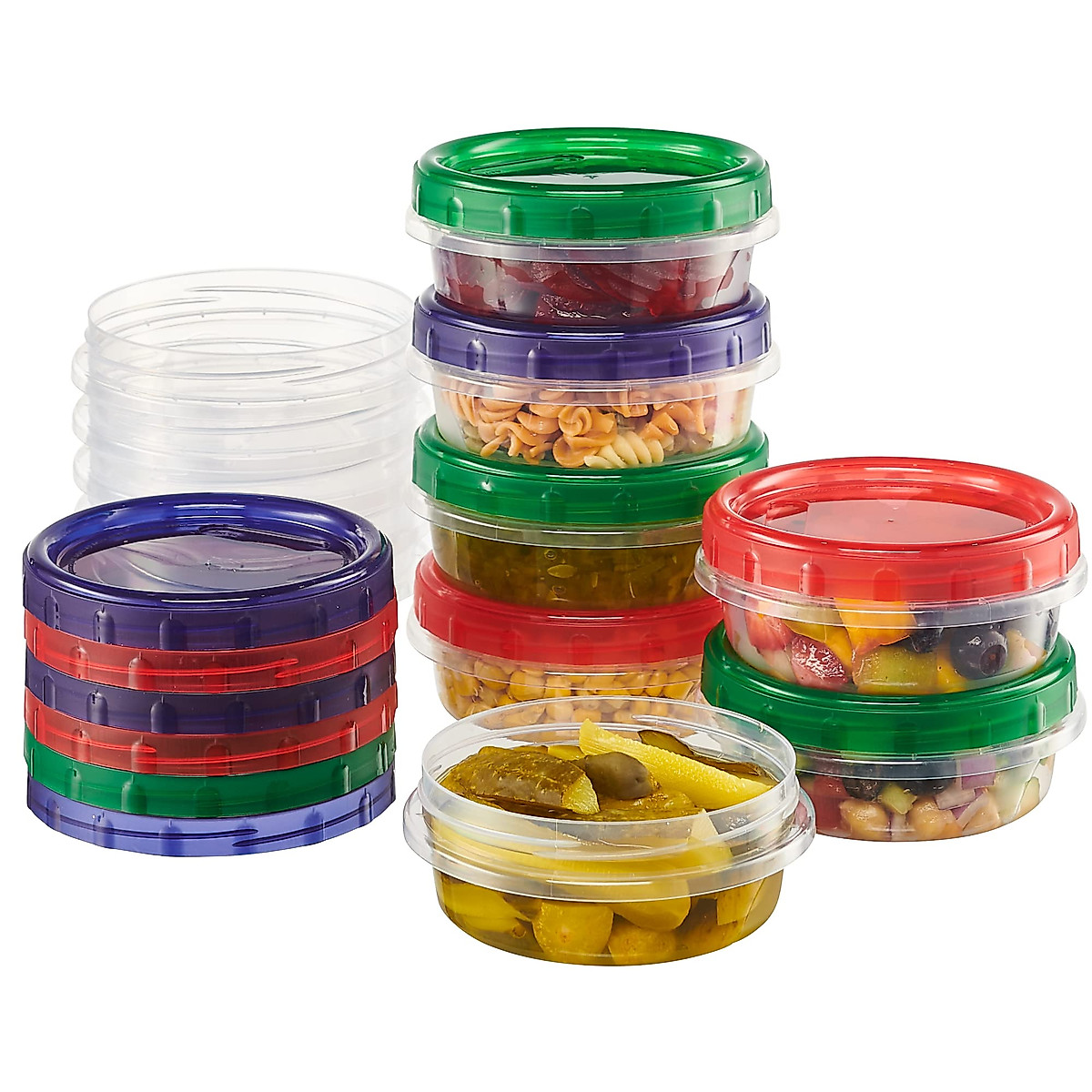 ELEGANT DISPOSABLES Twist Top Food Storage Containers 8 oz 12 Pack Plastic Freezer Storage Containers Leakproof Reusable with Screw on Colored Lids (12)