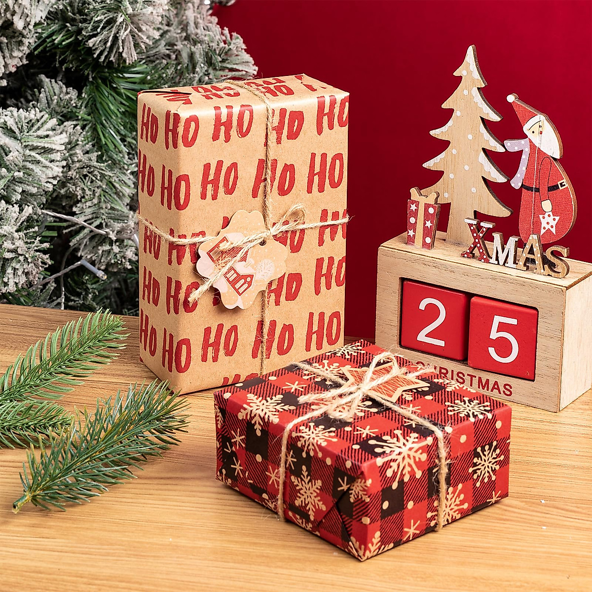 LeZakaa Christmas Kraft Wrapping Paper - Mini Roll - Reindeer/Buffalo Plaid with Snowflake/HOHOHO Lettering for Gift Wrap, Arts Crafts - 17 x 120 inches - 3 Rolls (42.5 sq.ft.ttl.)