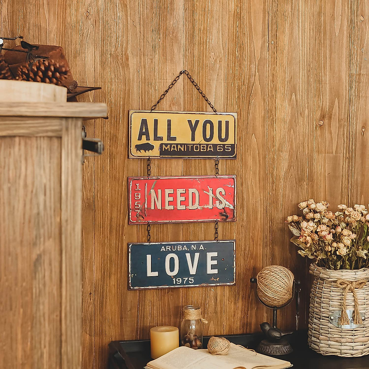 NIKKY HOME All You Need is Love Metal Antique Wall Art Hanging Sign Plaque 70s Room Decor 12 x 19 Inches