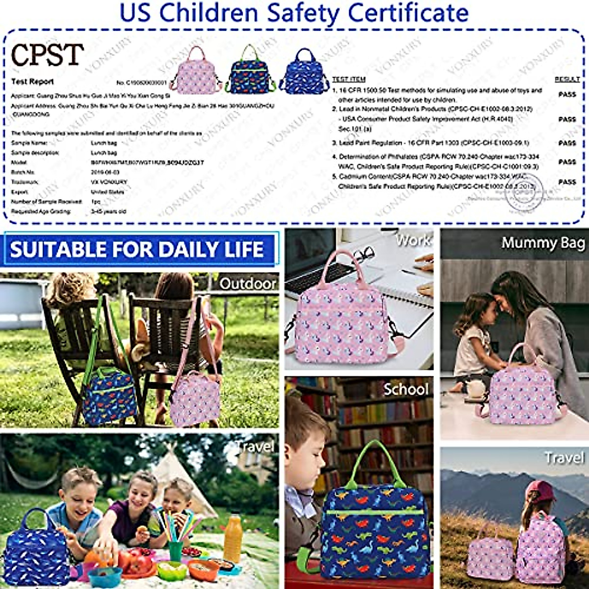 Lunch Bag for Boys, Insulated Lunch Box Bag Cute Dinosaur Thermal Lunch Tote with Removable Shoulder Strap, VONXURY