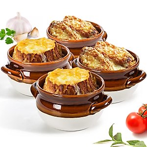 Youeon Set of 4 French Onion Soup Bowls with Handles, 16 Oz French Onion Soup Crocks Oven Safe, Ceramic Soup Bowls Dishwasher & Microwave Safe, for Beef Stew, Chili, Pot Pies, Baked Cheese