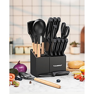 Knife Set, TUUMIIST 18PCS Kitchen Knife Sets with Block and Sharpener, Kitchen Utensils Set, Removable Utensil Holder (Black)-Precision Cutting, Effortless Sharpening, Convenient Organization