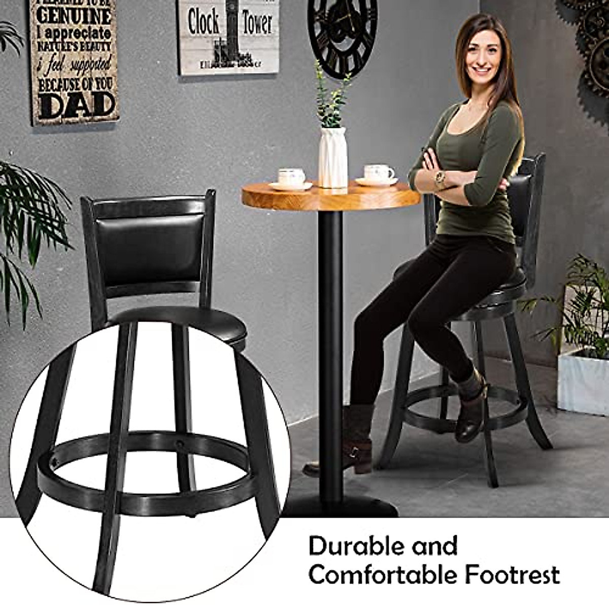 COSTWAY Bar Stools Set of 2, 360 Degree Swivel, Accent Wooden Swivel Back Counter Height Bar Stool, Fabric Upholstered Design, PVC Cushioned Seat (2 stools, Black 24'' Height)