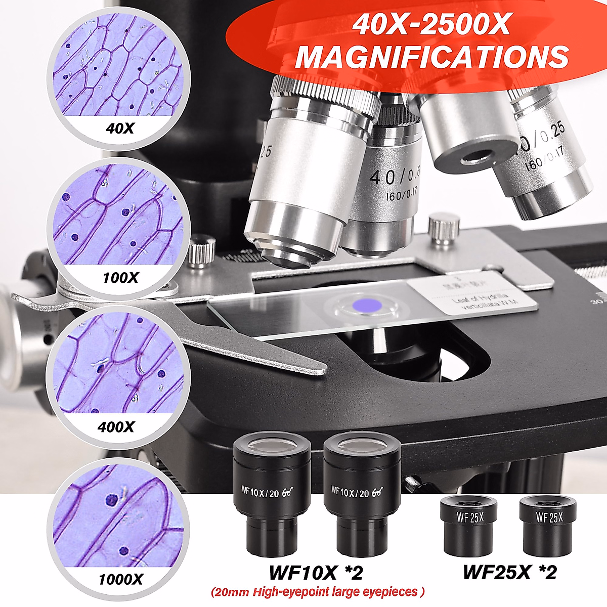 HSL Compound Trinocular Microscope Professional,40x-2500x Biological Microscopes for Adults Laboratory,Micro Scope microscopepio 1000x 400X LED WF10x and WF25x eyepieces Abbe Condenser