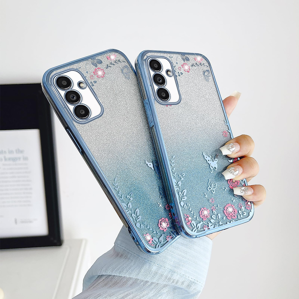for Samsung Galaxy A13 5G Case, A13 Phone Case for Women Gradual Change Glitter Crystal TPU Stylish Butterfly Floral Heart Clear Protective Cover with Strap for Samsung Galaxy A13 5G (Sierra Blue)