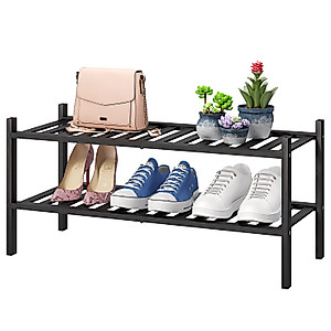 2-Tier Black Bamboo Shoe Rack for Entryway, Stackable | Foldable | Natural, Shoe Shelf Storage Organizer for Hallway Closet, Free Standing Shoe Racks for Indoor Outdoor
