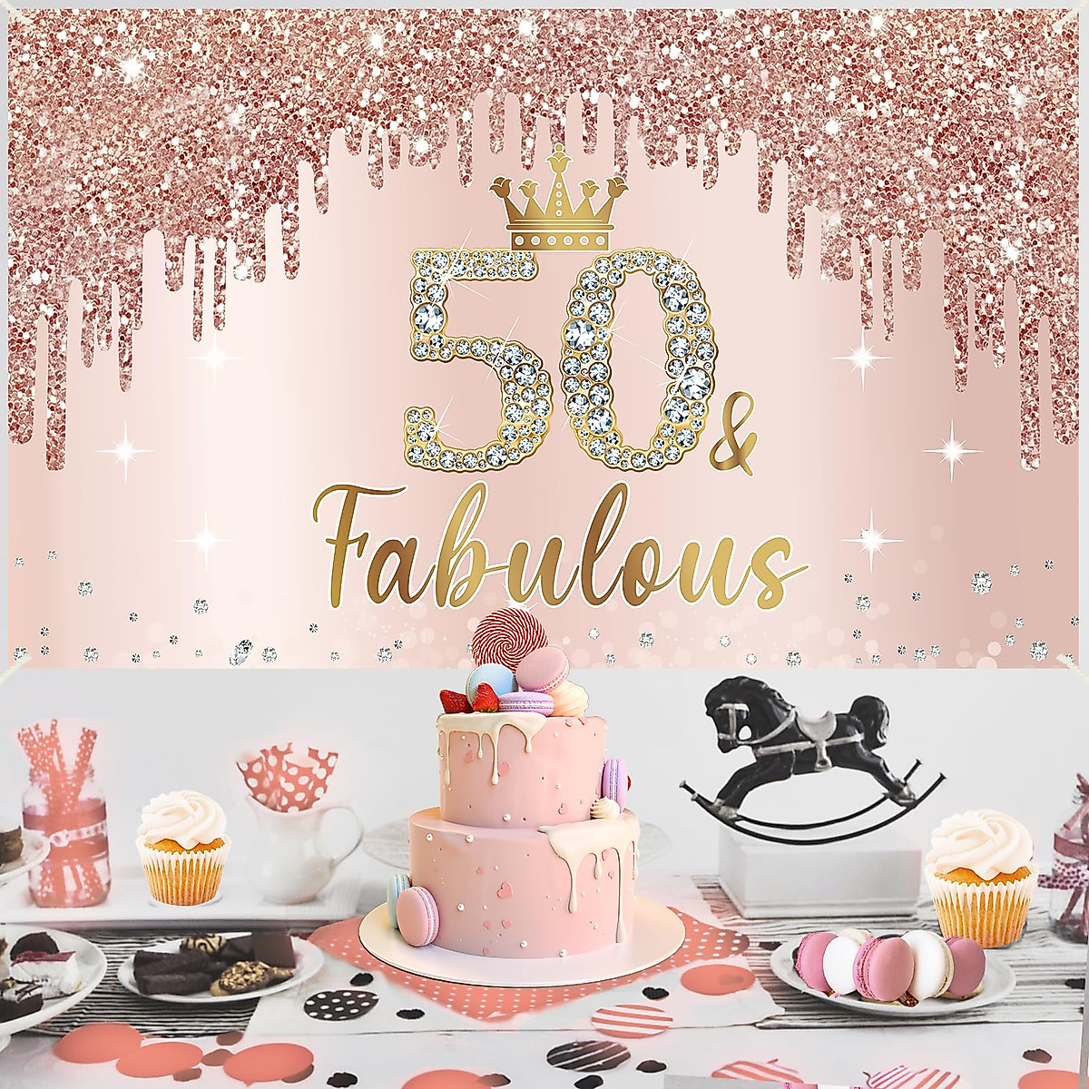 Rose Gold 50th Birthday Banner Party Decorations for Women, Pink Rose Gold 50 & Fabulous Happy 50th Birthday Banner Party Supplies, Fifty Years Old Bday Background Photo Sign for Indoor Outdoor