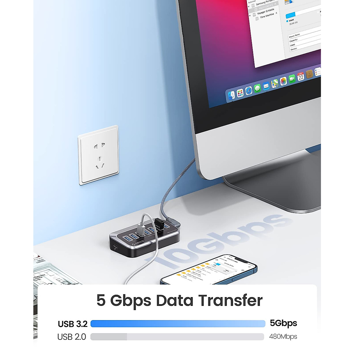 ORICO USB Hub 10Gbps with 7 USB A Ports, USB 3.2 Gen 2 Hub with 3.28Ft USB-A to USB-C Cable USB Splitter for iMac, All MacBooks, Mac Mini