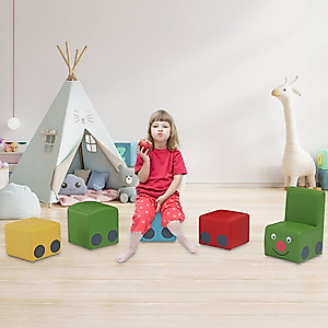 KINTNESS 5 Pcs Sofa Set Kids Flexible Seating Soft Foam Stool, Colorful Cartoon Leather Chair for Classroom, Daycares, Kindergarten and Nursery, Train