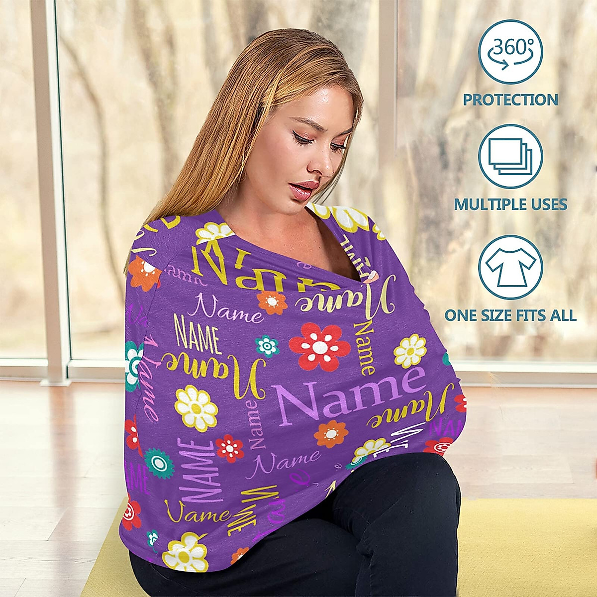 Colorful Flowers Purple Personalized Baby Car Seat Covers with Name, Custom Nursing Cover Breastfeeding Scarf Soft Breathable Stretchy Coverage, Infant Stroller Cover for Boys Girls