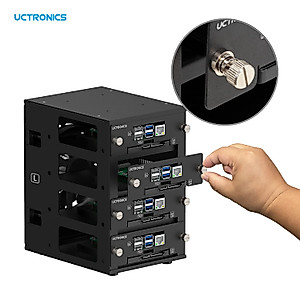 UCTRONICS Desktop Cluster Enclosure for Raspberry Pi, Up to 4 Pis and 2.5" SSD, Front Removable Trays, 12cm LED Cooling Fan for Raspberry Pi 5/4B/3B+/3B
