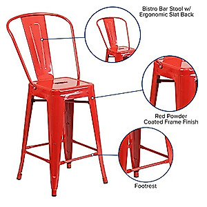 EMMA + OLIVER Commercial Grade 24" H Red Metal Indoor-Outdoor Counter Height Stool w/ Back