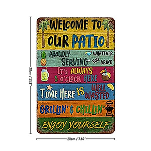 Larkverk Welcome to Our Patio Metal Tin Sign for Home Wall Decor Proudly Serving Whatever You Bring, Backyard Signs for Farmhouse Home Party Coffee Shop