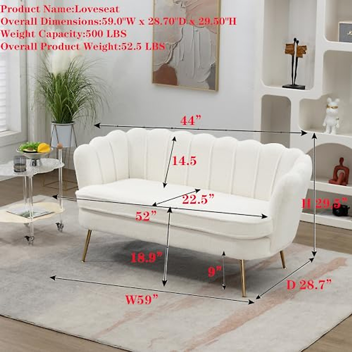 Modern Boucle Loveseat Couch,Futon Small Sofa with Gold Metal Legs ,2-Seater Upholstered Mini Sofa Couches for Small Space,Living Room Bedroom Office Dorm Studio Apartment Love Seat Couche(White)