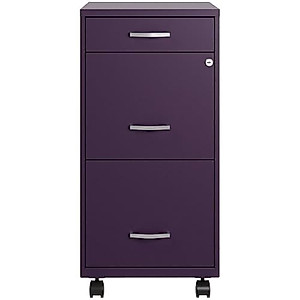 Hirsh Space Solutions 18" Deep Modern Mobile Metal Organizer File Cabinet with Cam Lock & Casters, 3-Drawer, Letter-Size, for Small Home/Home Office in Midnight Purple