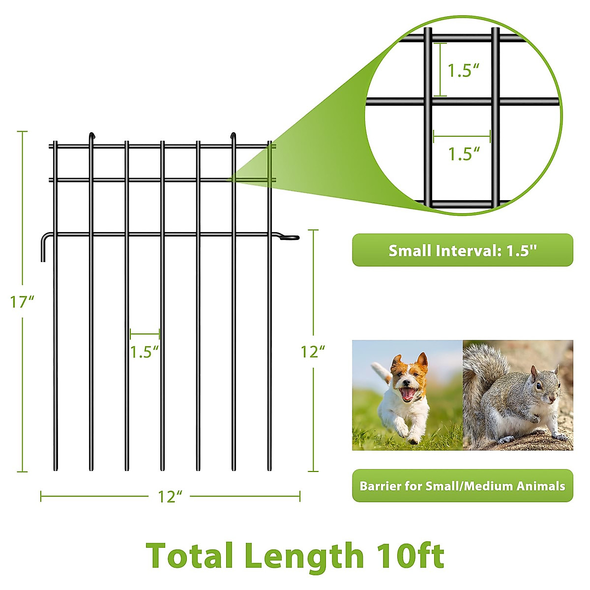 OUSHENG 1.5'' Spacing Animal Barrier Fence for Dogs, 10 Panels Rustproof Metal Anti Doggie Digging Garden Border, Under Ground Fencing Bottom Puppy Blockers Stakes for The Yard, 17in (H) X 10ft (L)