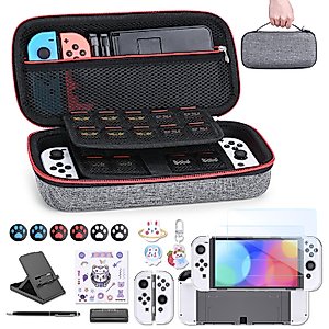 innoAura Switch OLED Accessories Bundle 19 in 1 Switch Bundle with Switch Case, Switch Game Case, Switch OLED Screen Protector, Switch Stand, Switch Thumb Grips (Gray)