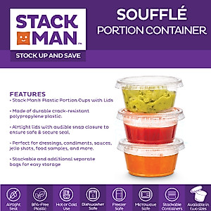 Mini Plastic Souffle Cups with Lids [2 oz - 100 Sets] Jello Shot Cups - 2oz Cup, Small Condiment & Snack Containers - Disposable 2 Ounce Plastic Portion Glasses & Lid for Sauce Dressing or Shots