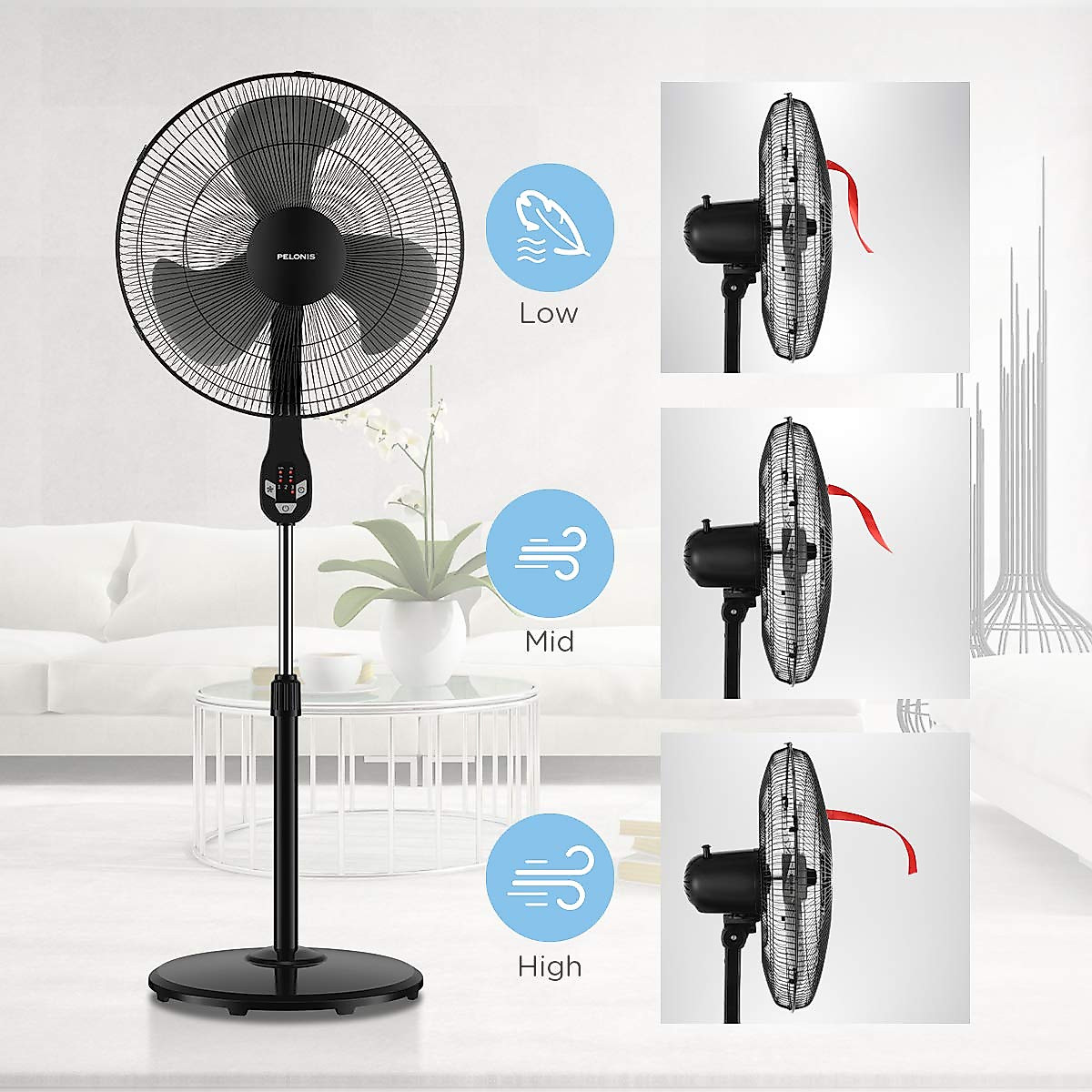PELONIS 18" Quiet Oscillating Pedestal Fan with LED Display, Remote Control, 3 Speeds and Modes, 7.5h Programmed Timer for Home and Office, Glossy Black