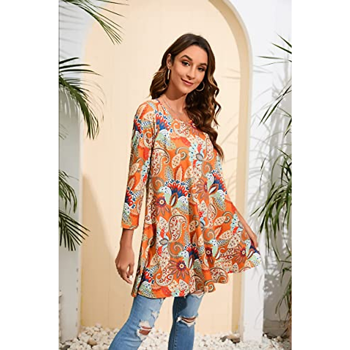 ENMAIN Women's Tunics Tops Plus Size Loose Fit 3/4 Sleeve Top Dressy Casual Swing Paisley Floral Orange Crewneck Hide Belly Tunic Tops to wear with Leggings
