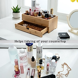 GOBAM Bamboo Makeup Organizers and Storage with Drawer - Wooden Cosmetic Organizer Countertop for Bathroom, Bedroom, Closet, Kitchen, Vanity & Dresser - Make up Vanity Station