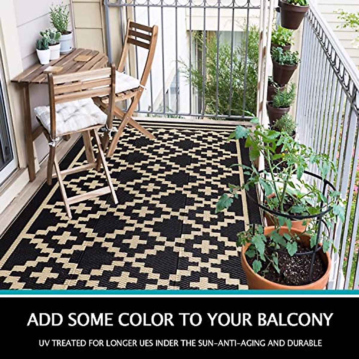 Capslpad Outdoor Rug 4'x6' Waterproof Plastic Straw Patio Rug Reversible Mat UV Resistant Outdoor Area Rug for Patio Backyard Terrace Deck Beach Picnic Balcony BBQ,Black and Beige