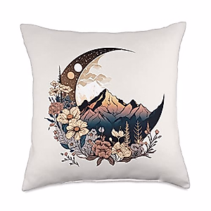 Cute Elegant Minimal Boho Decor Art Design Co Crescent Moon Phases Mountain Floral Aesthetic Chic Boho Throw Pillow, 18x18, Multicolor