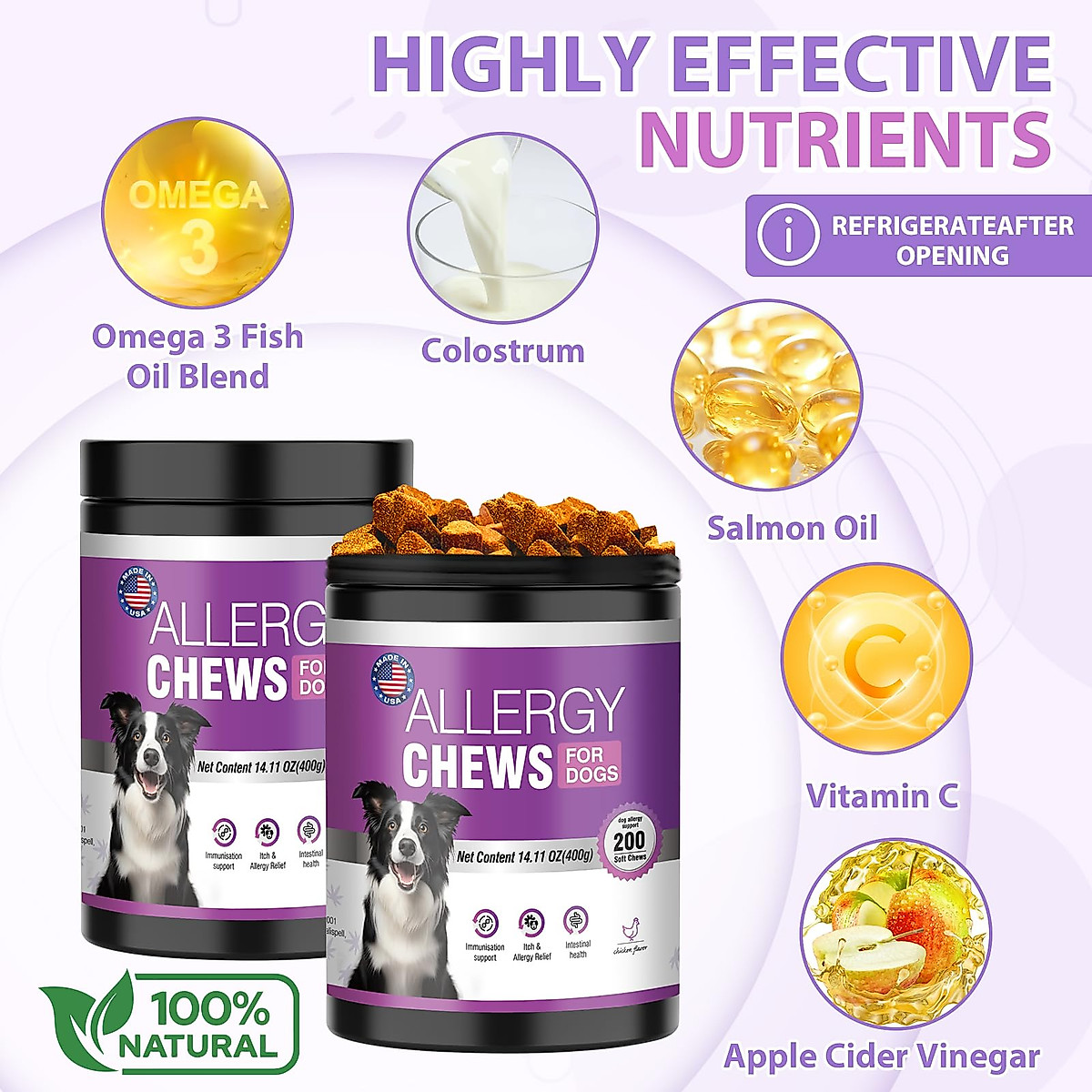 Dog Allergy Chews 100 PCs,Itch and Allergy Chew for Dogs, Relief for Itchy Skin and Seasonal Allergies in Dogs,Vitamin Immune Supplement