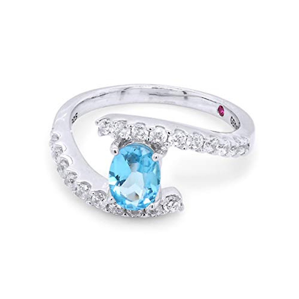 GEMVIO Collection Bypass Design, 5X7MM Oval Blue Topaz Gemstone And Cubic Zirconia Promise Ring In 14k White Gold Over Sterling Silver Sterling Silver Engagement Wedding Ring For Womens Size-6