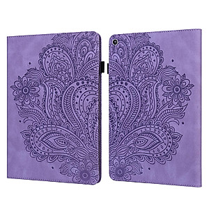 UUcovers for Kindle Fire HD 8 Case 8th/7th/6th Generation (2016/2017/2018) with Stand/Pencil Holder/Pockets [Embossed Pattern] PU Leather Folio Magnetic Wallet Shockproof Cover, Purple Peacock Flower