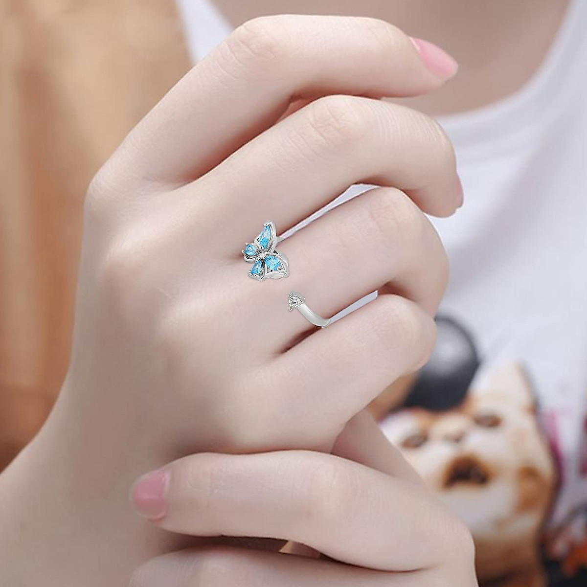 Spinner Rings for Women, Stainless Steel Adjustable Butterfly Ring Antistress Rotation Anxiety Rings Fidget Rings Band, Stainless Steel,Green