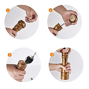 SZUAH Salt and Pepper Grinders, Oak Wooden Salt and Pepper Mills Shakers with Cleaning Brush & Wood Stand, Ceramic Rotor with Strong Adjustable Coarseness[Set of 2]