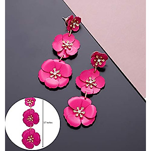 NVENF Flower Dangle Earrings for Women Tiered Petal with Crystal Center Triple Flowers Dangling Earring Fashion Jewelry Stud Drop Earrings(Hot Pink)