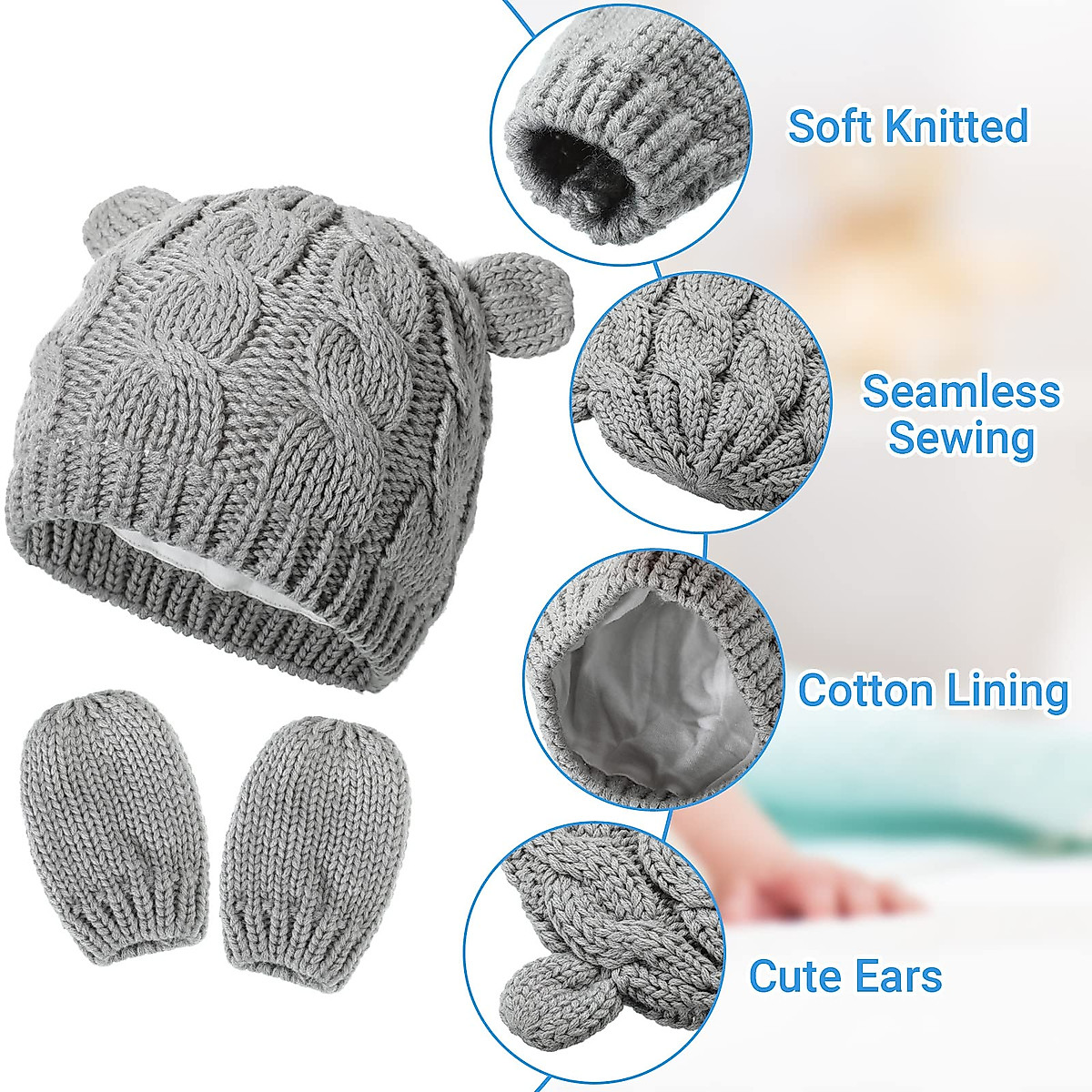 3 Sets Infant Hats Baby Hat and Mitten Set Newborn Baby Hat Baby Beanies Winter Hat Infant Toddler Warm Knitted Hats Gloves ()