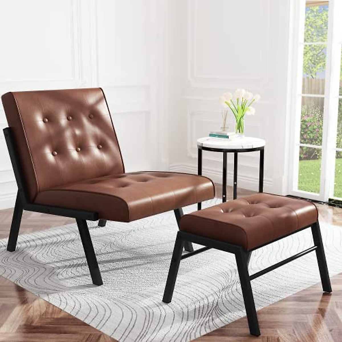AWQM Accent Chair with Ottoman,Faux Leather Living Room Chair,Upholstered Single Sofa Chair Set with Metal Legs, Button Tufted Lounge Chair with Footrest, Reading Chair for Bedroom Office,Brown