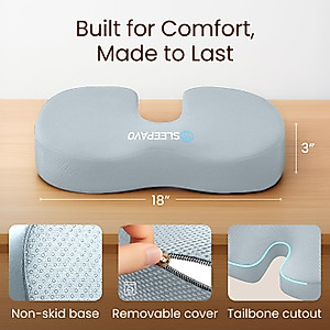 Sleepavo Black Memory Foam Seat Cushion for Office Chair - Pillow for Sciatica, Coccyx, Back, Tailbone & Lower Back Pain Relief - Orthopedic Chair Pad for Lumbar Support in Office Desk, Car & Airplane