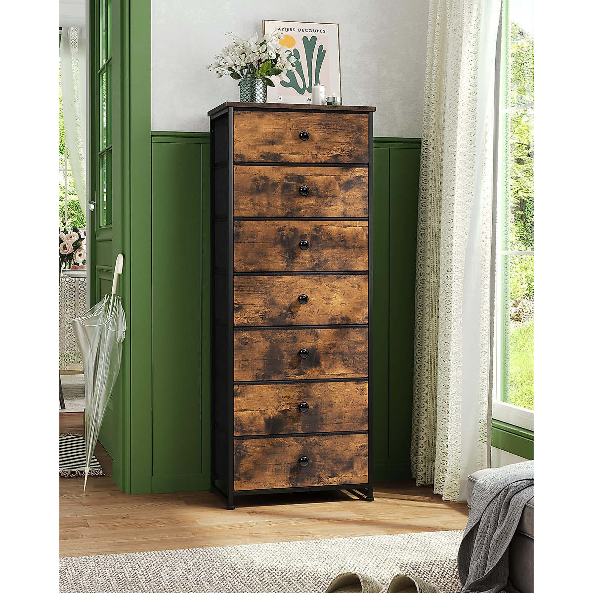 Crestlive Products Tall Dresser, 7-Drawer Fabric Storage Tower, Chests of Drawers - Vertical Organizer Unit for Bedroom, Hallway, Entryway, Nursery, Closets -Wood Top & Handles (Rustic Brown)