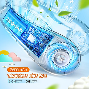 Kids Neck Fan, Bladeless Neck Fan for Kids, 2600mAh Portable Rechargeable Cooling Fan for Kids 4-14Y Girls/Boys with Sticker, 4 Speeds & Lightweight Personal Fans for Your Neck, Travel