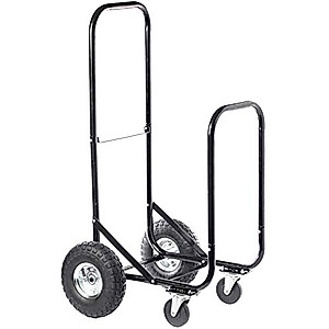 Gardenised Black Firewood Rack Outdoor Indoor, Heavy Duty Firewood Carrier with Front Wheels Wood Fireplace Tool Rack, Rolling Storage Cart Cover Included