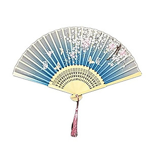 PHONME Decorative Folding Fans Folding Hand Fans for Women Floral Folding Hand Fans with Fabric Sleeve Chinese Japanese Vintage Bamboo Silk Fans for Dance Gift Hand Fan Vintage Style (Color : Blue a)