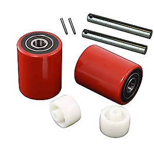 Pallet Jack/Truck Load Wheels Full Set with Axles and Entry Exit Roller 3" x 3.75" with Bearings ID 20mm Poly Tread Red