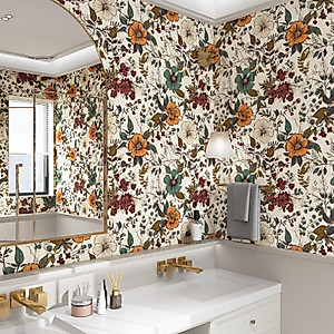 Yellow Floral Wallpaper Peel and Stick Wallpaper Vinyl Wallpaper Stick and Peel Colorful Contact Paper for Cabinets Waterproof Self Adhesive Wall Paper for Kitchen Countertop Wall 17.5" x 393"