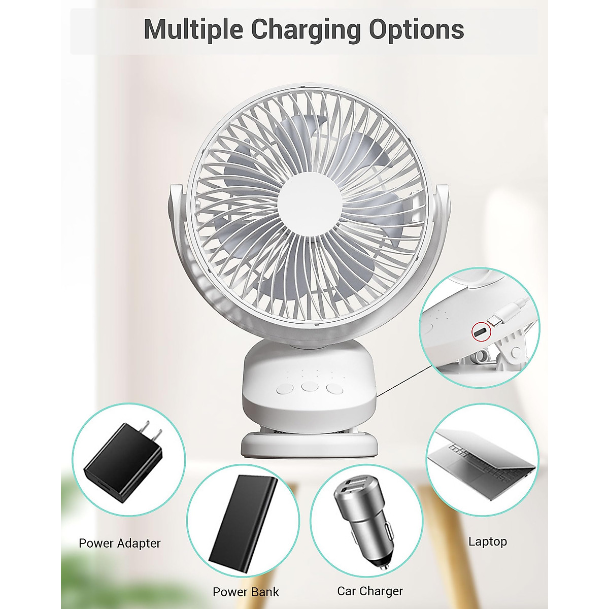 Portable Clip on Fan, Oscillating ＆ 120° Rotate Battery Operated Stroller Fan, 4 Speed Quiet Mini Personal Desk Fan, USB Rechargeable Fan for Outdoor Camping Golf Cart Stroller Home Office White