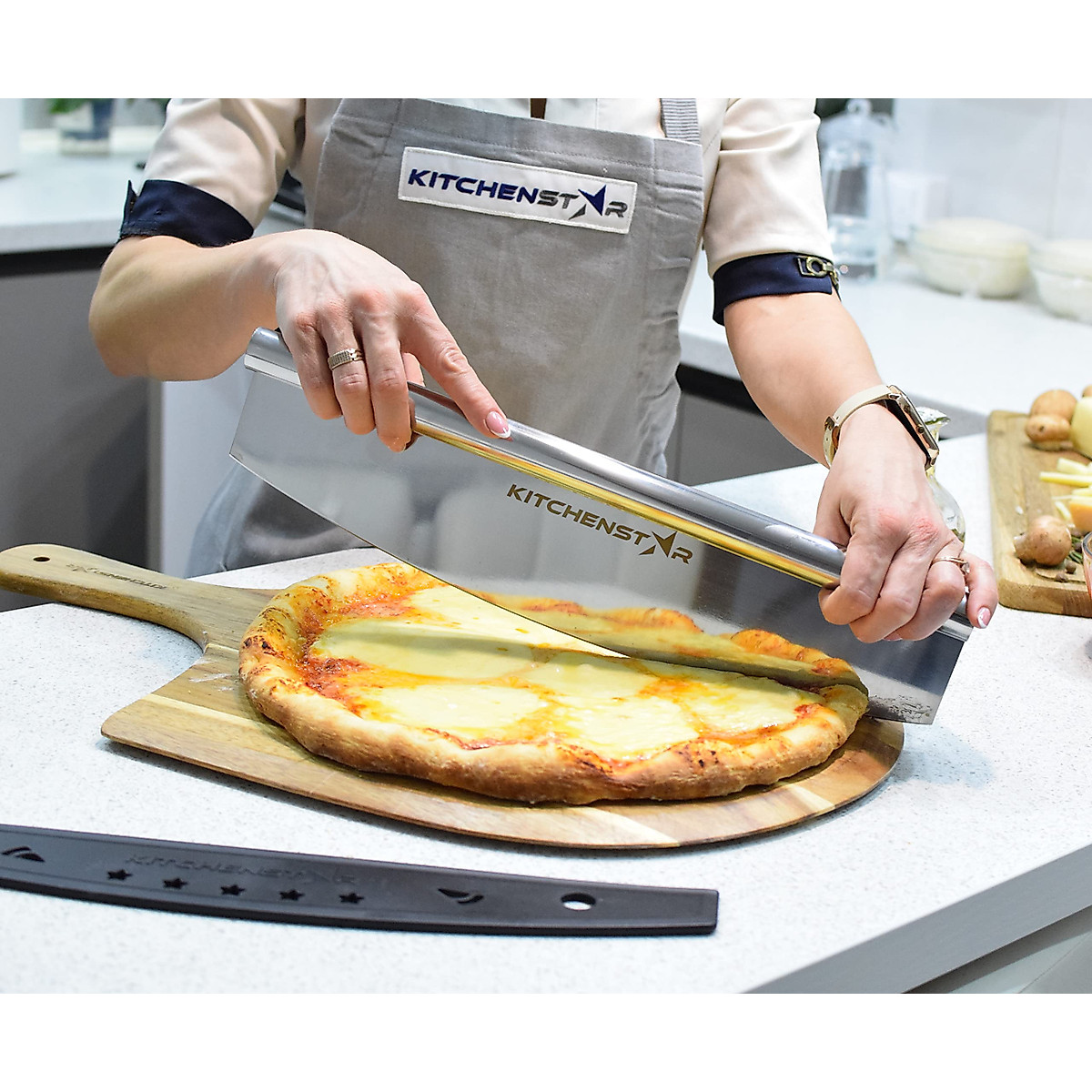 KitchenStar Pizza Stone for Oven and Grill 15x12 inch + Pizza Cutter Rocker 14" + Acacia Wood Pizza Peel 14" - Pizza Making Set Bundle - Premium Pizza Oven Accessories and Tools