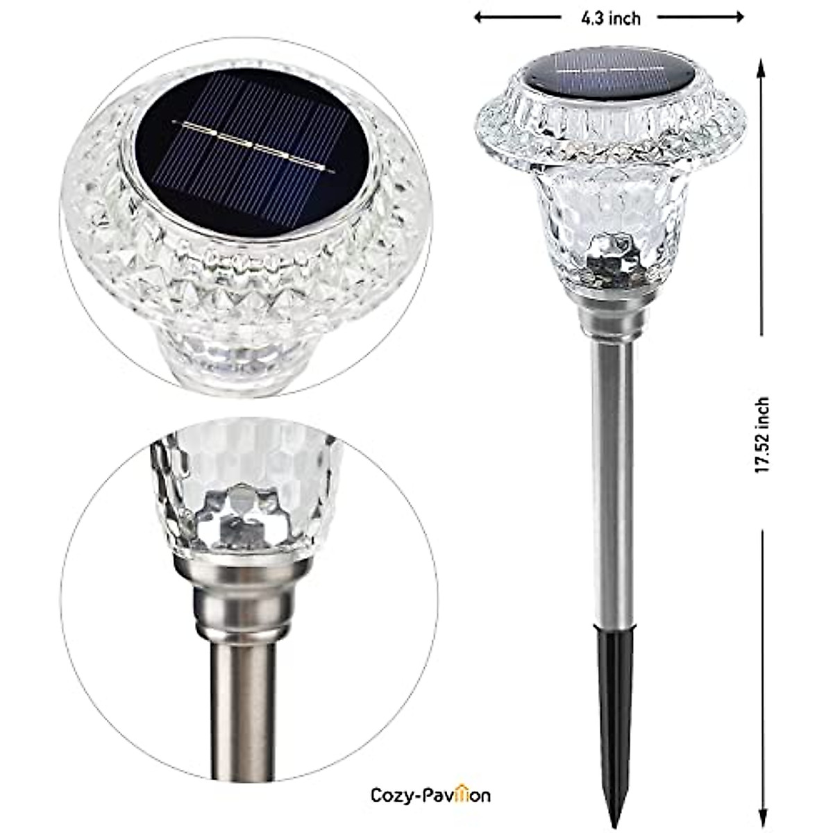 COZY-PAVILION 8 Pack Glass Garden Lights Solar Powered Waterproof Decorative Landscape Path Lights Yard Lights Outdoor LED Garden Stakes Lights for Patio, Walkway, Driveway, Pathway