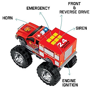 Liberty Imports Motorized Mighty Monster Truck Toy Kids, Electric Motor Vehicle with Big Wheels, Button Action, Sounds and Flashing Lights (Fire Engine)