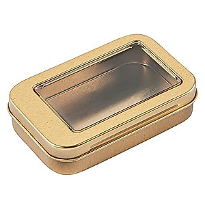 Restaurantware RW Base 4.5 Ounce Rectangular Tin Containers 10 Durable Tin Boxes With Lids - Clear Window Lids Rounded Edges Gold Tin Storage Containers Customizable Fits Mints Or Pills